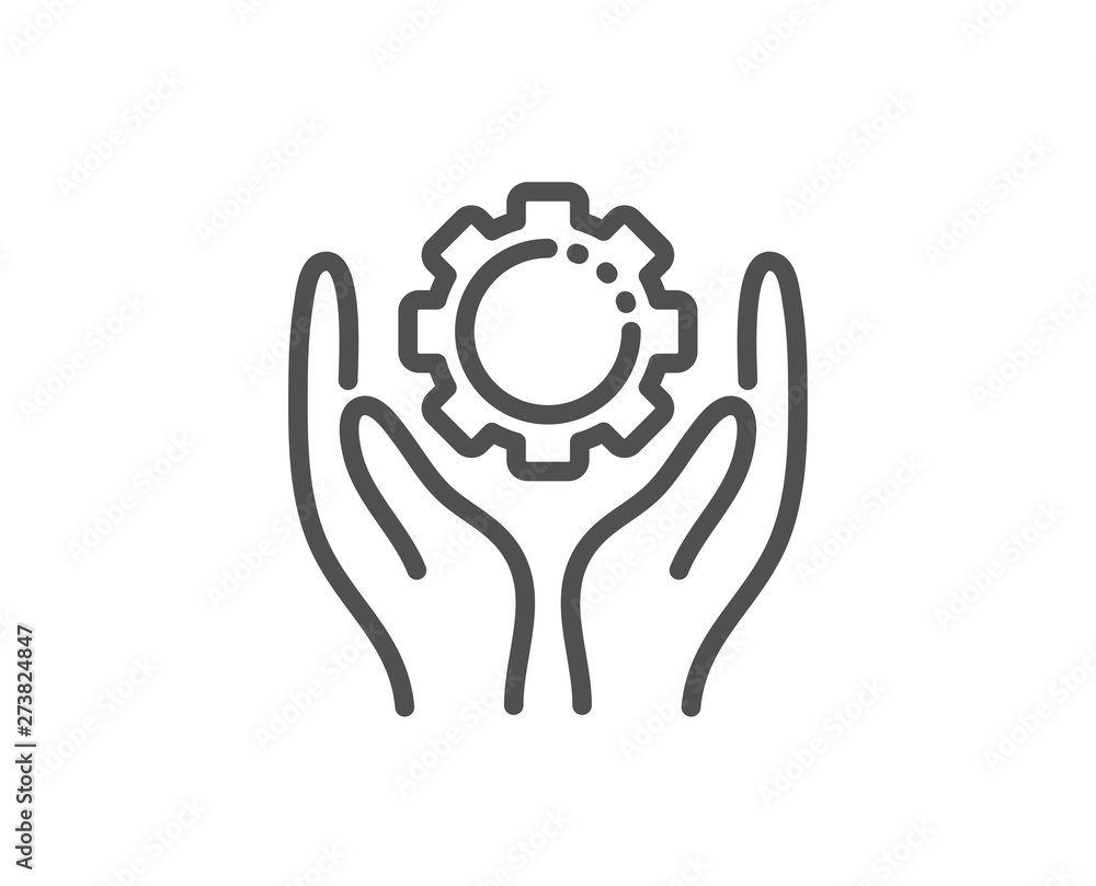 Employee hands line icon. Work gear sign. Development cogwheel symbol ...