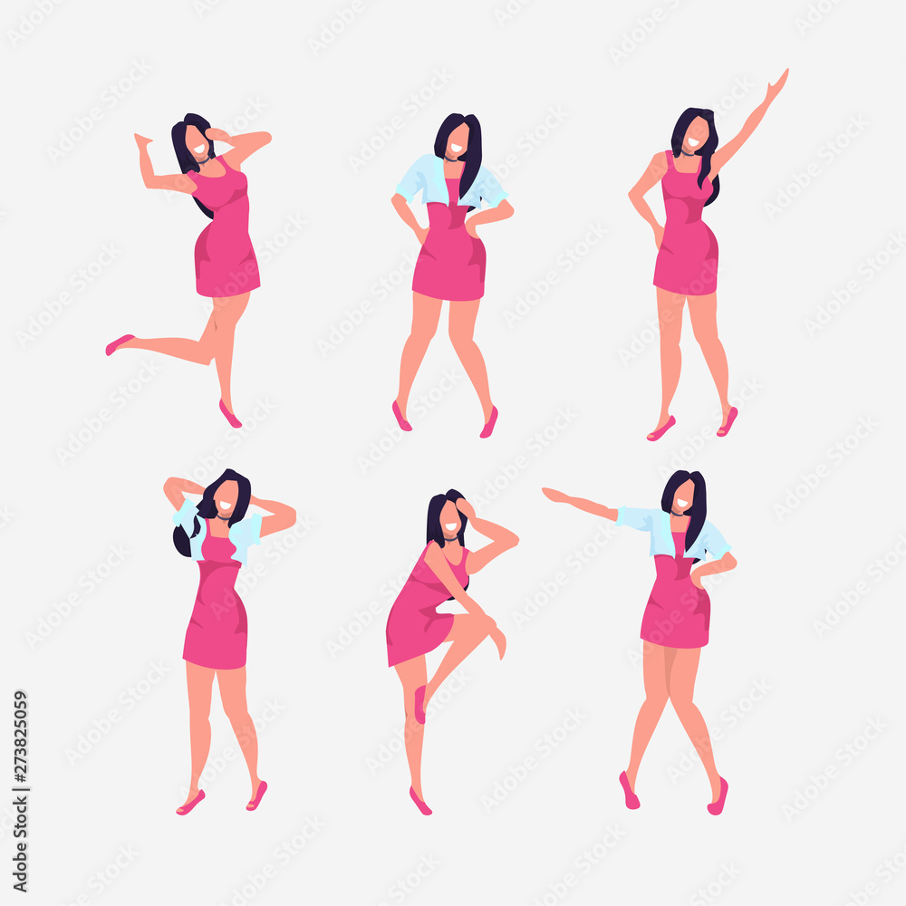 set woman standing in different poses collection smiling female cartoon ...