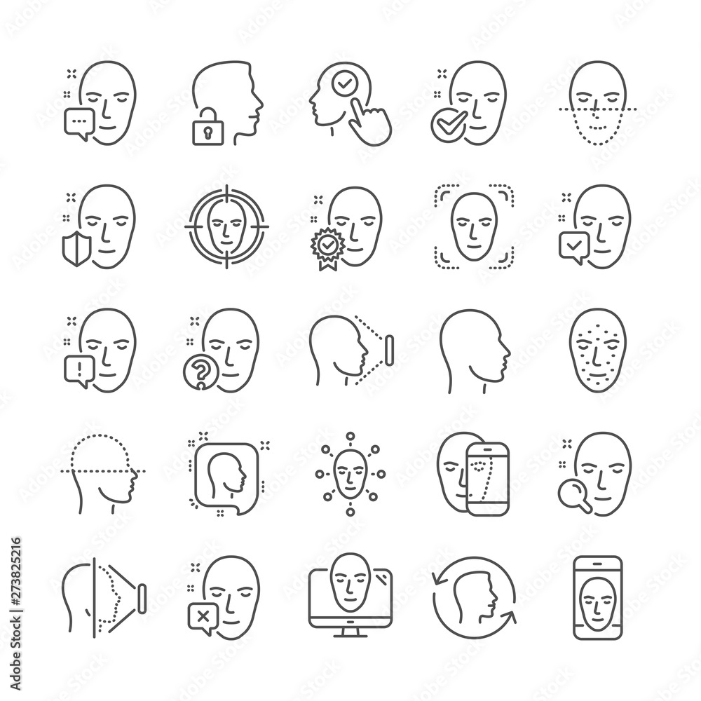 Face recognition line icons. Set of Scanning, facial biometrics ...