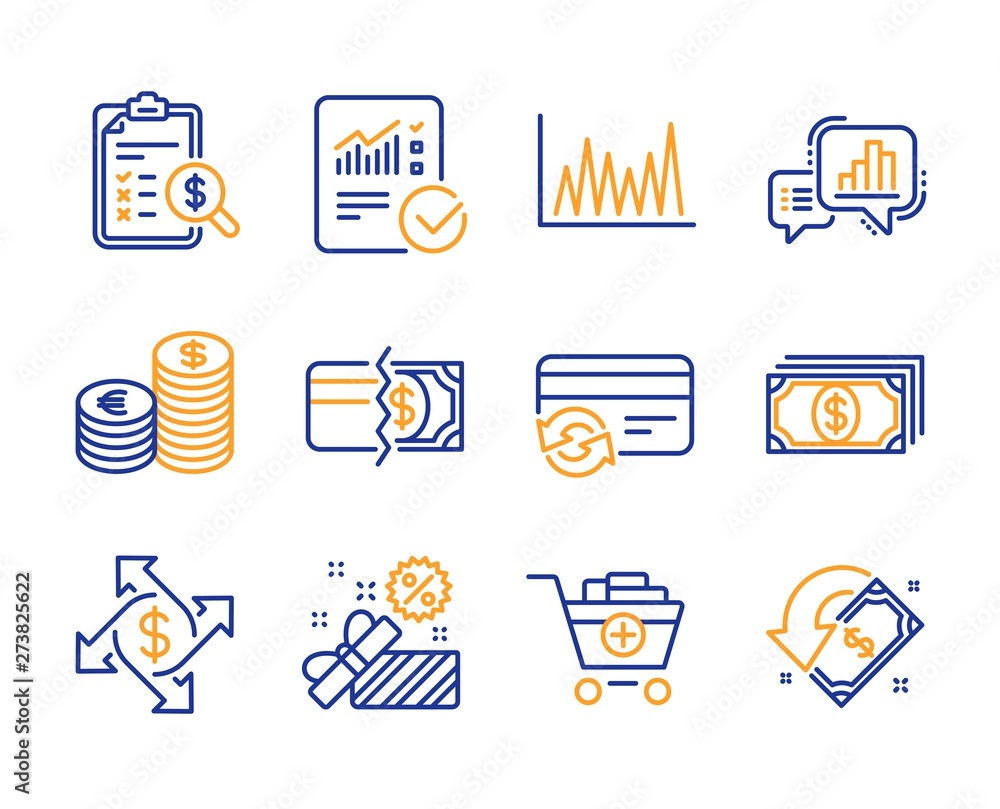 Change card, Payment methods and Accounting report icons simple set. Add products, Sale and ...