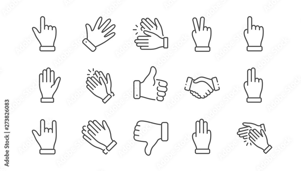 Hand gestures line icons. Handshake, Clapping hands, Victory. Horns ...