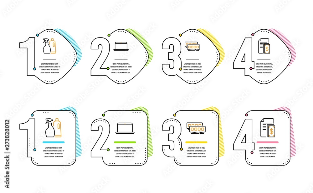 Ram, Shampoo and spray and Laptop icons simple set. Payment sign ...