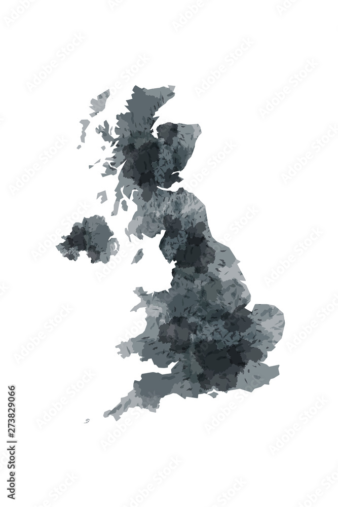 UK watercolor map vector illustration in black color on white ...