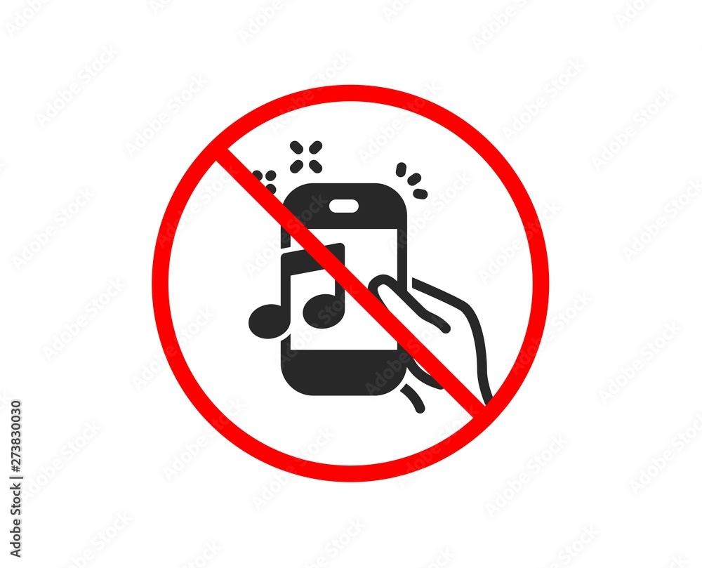 No or Stop. Music in phone icon. Mobile radio sign. Musical device ...
