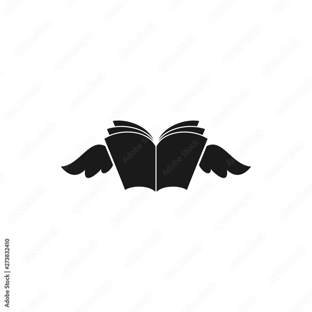 Black open book with wings isolated on white background. Vector flat ...
