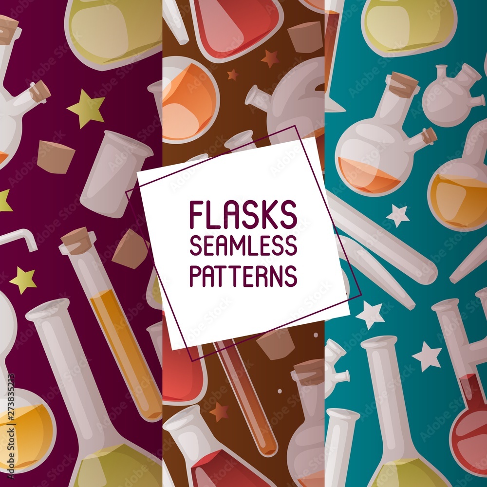 Flasks set of seamless patterns vector illustration. Different ...