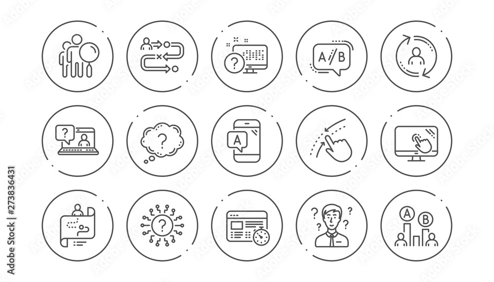 UX line icons. AB testing, Journey path map and Question mark. Quiz ...