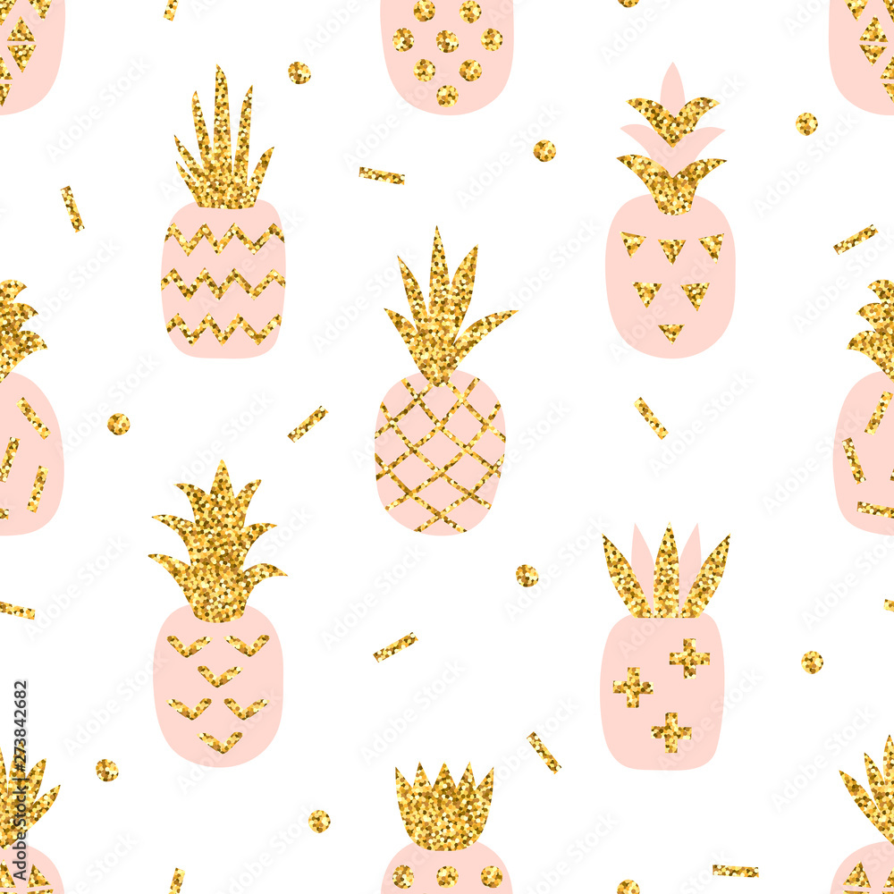 Creative seamless pattern of pink pineapple with gold glitter texture ...