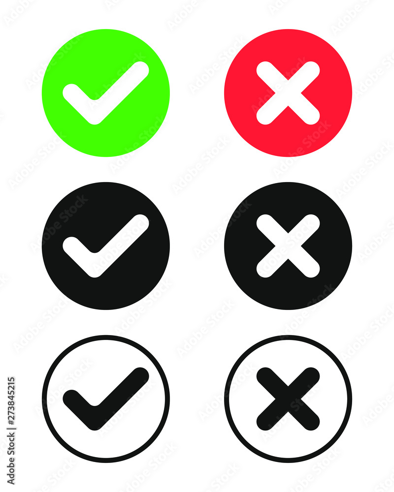Check mark icons set. Ticks and crosses symbols. Buttons with check ...