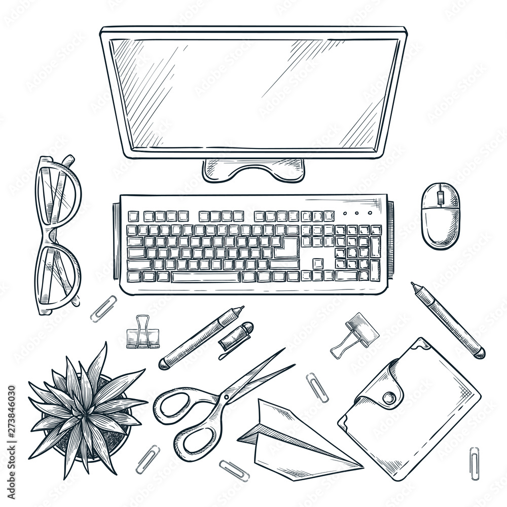 Workplace, vector sketch top view illustration. Office table with ...