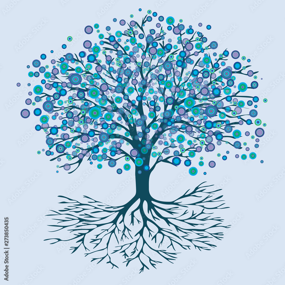 A vector illustration of a tree of life with abstract round blue ...