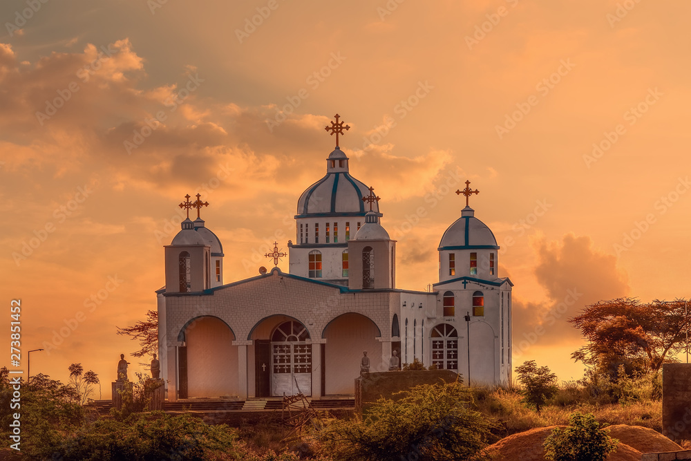 Beautiful architecture of Orthodox Christian Church in sunset, Oromia ...