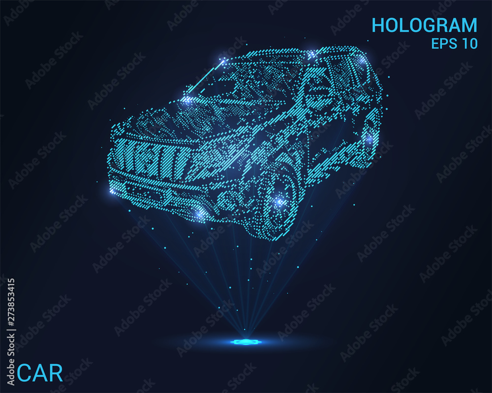 Hologram car. Holographic projection of the car. Flickering energy flux ...