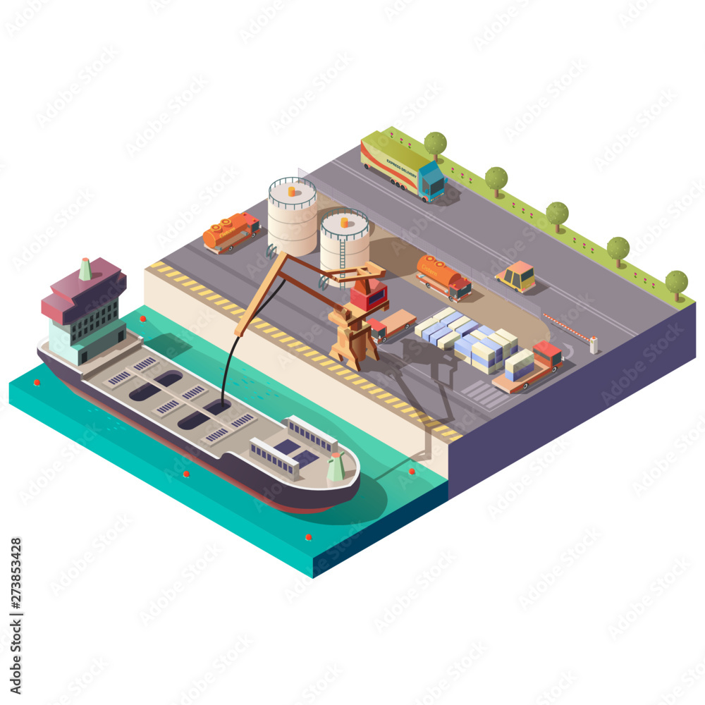 Delivering petroleum or oil by sea isometric vector. Crane pumping ...