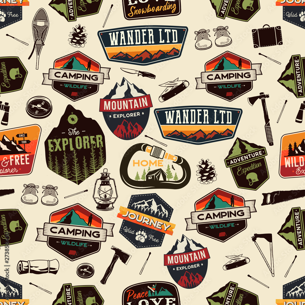 Camping adventure seamless pattern with outdoor explorer patches and ...