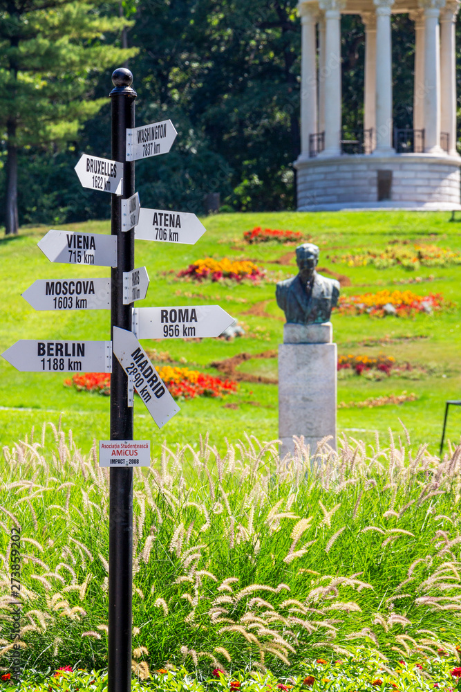Direction and distance signs at Nicolae Romanescu Park, in Craiova ...
