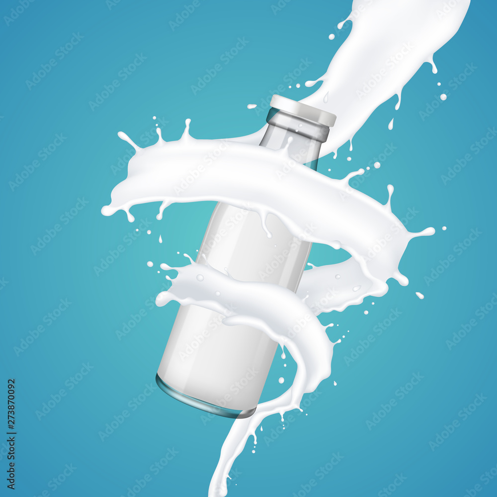 Realistic milk flow and splash with bottle, isolated on blue background ...