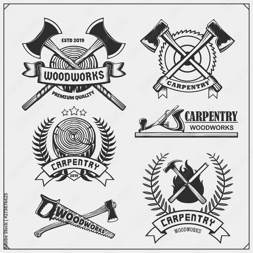 Set of vintage carpentry emblems. Woodwork labels, badges, logos and ...