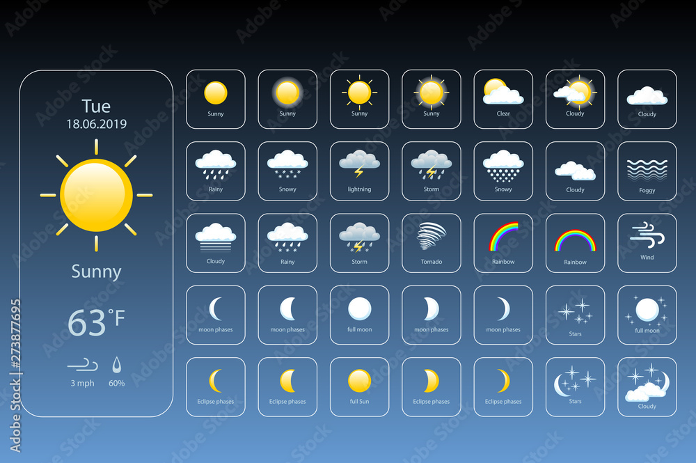 set weather icons. All icons for weather with sample of use. vector ...
