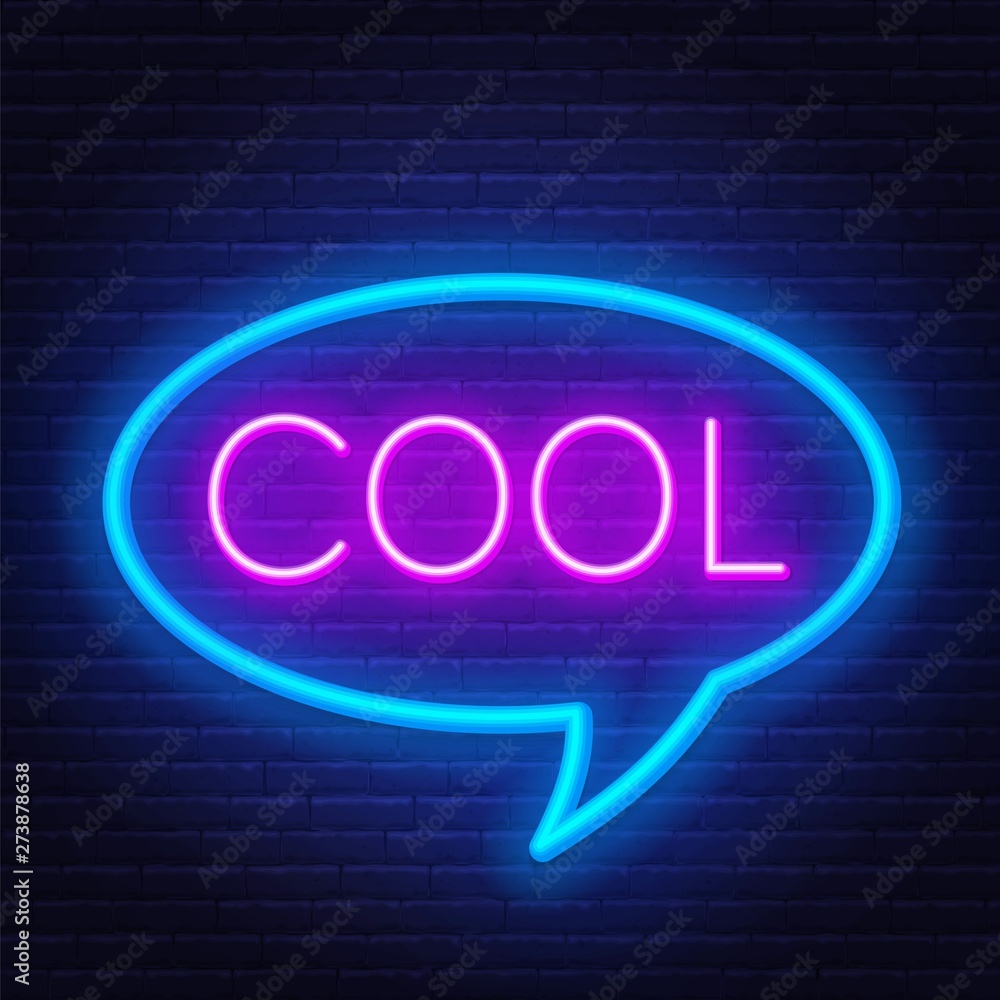 Neon sign of word cool in frame on dark background. Light banner on the ...