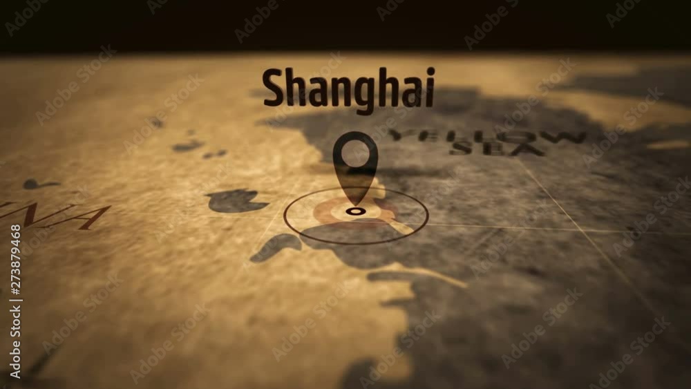 Shanghai city on retro map in sepia color. Old atlas chart with mark by ...