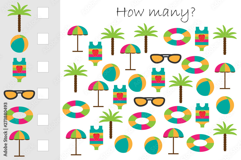 How many counting game with summer beach picture for kids, educational ...