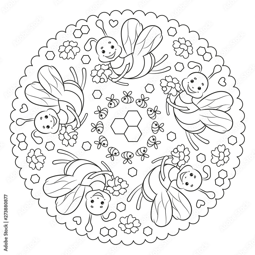 Coloring page mandala for kids with flowers and bees. Vector ...