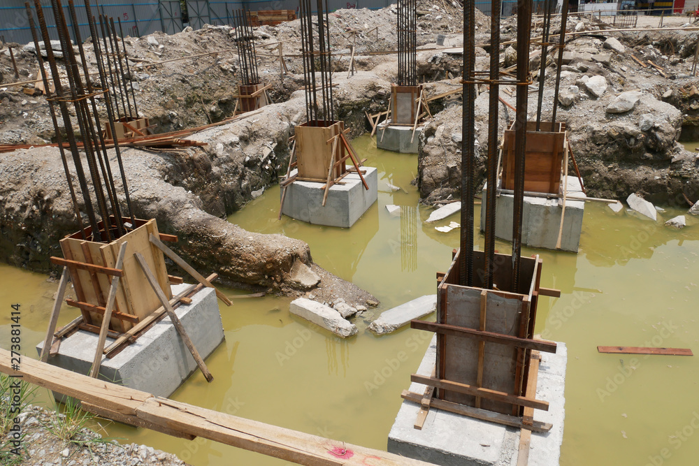 Pile cap and column stump under construction at the construction site ...