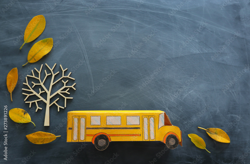 education and back to school. Top view photo of cardboard school bus ...