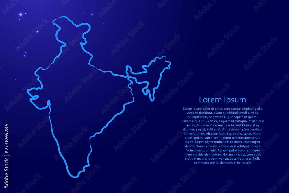 India map from the contour blue brush lines and glowing stars on dark ...
