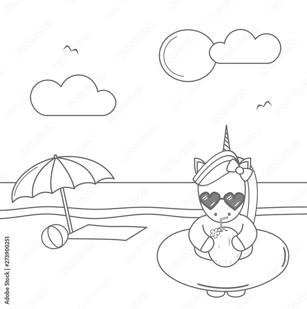 cute cool cartoon unicorn with sunglasses, float and coconut juice on ...