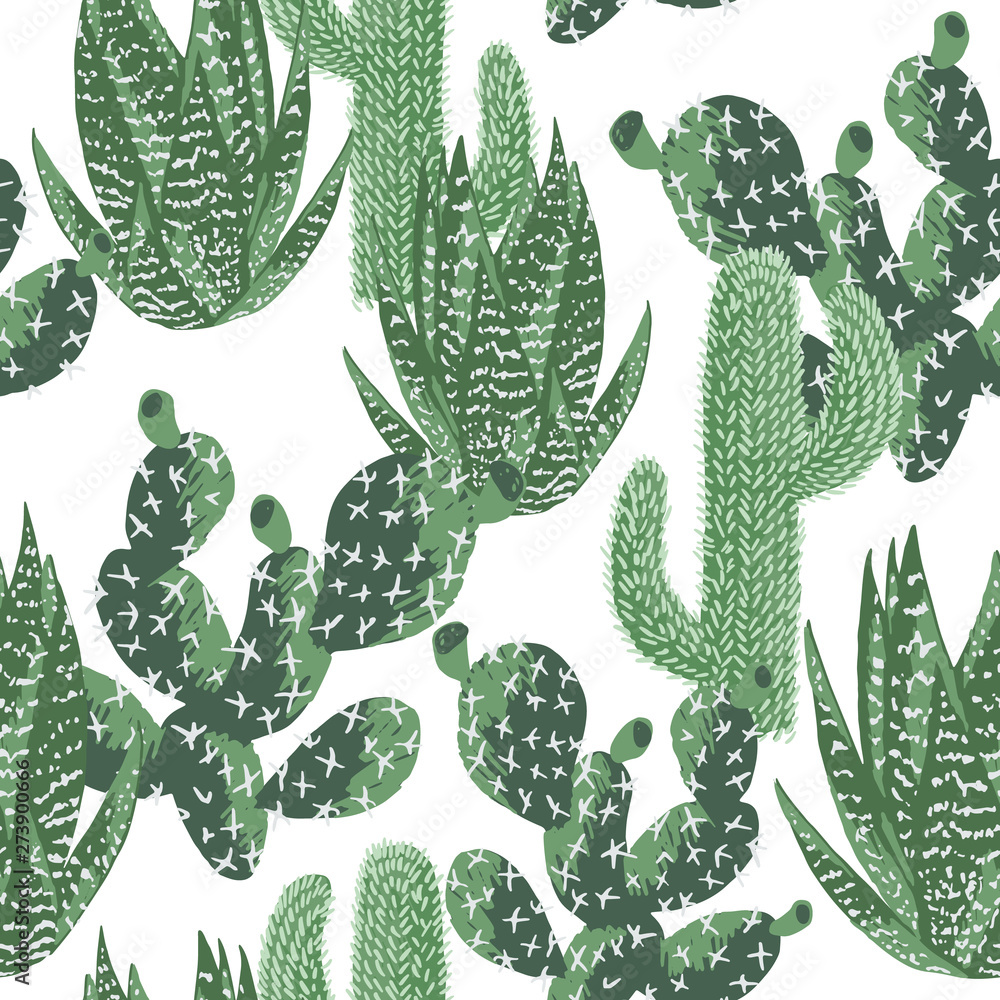 Vector seamless pattern with different cactus. Bright repeated texture with green cacti. Natural ...