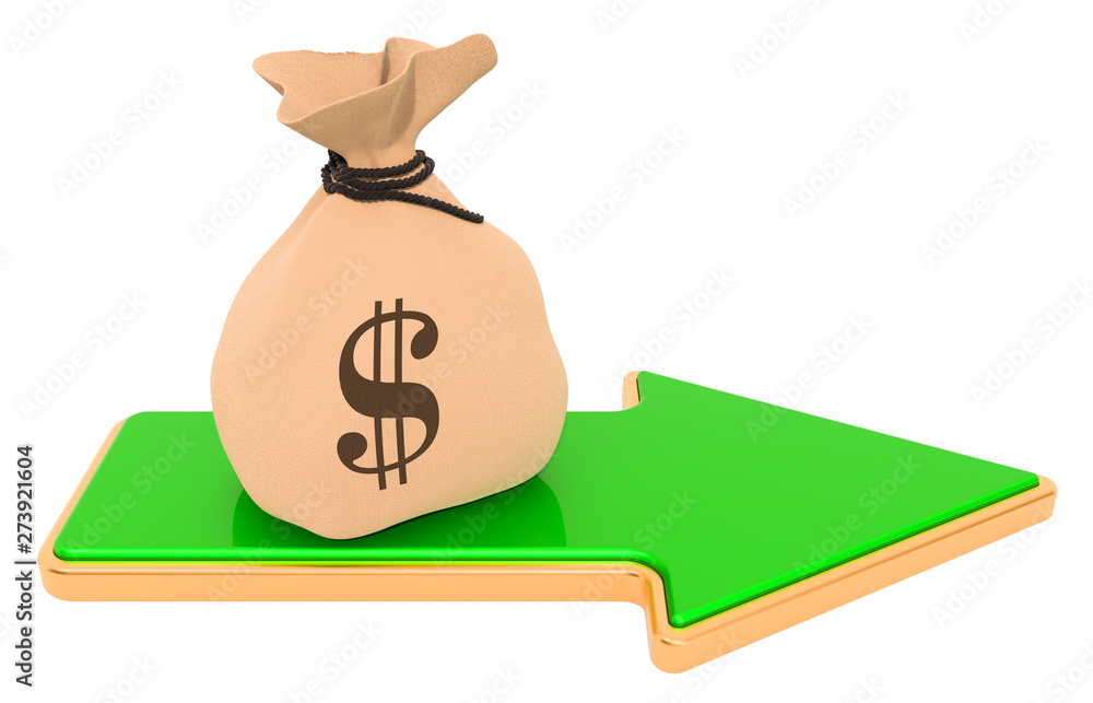 Money bag with green arrow. Payment of Purchase Order concept, 3D ...