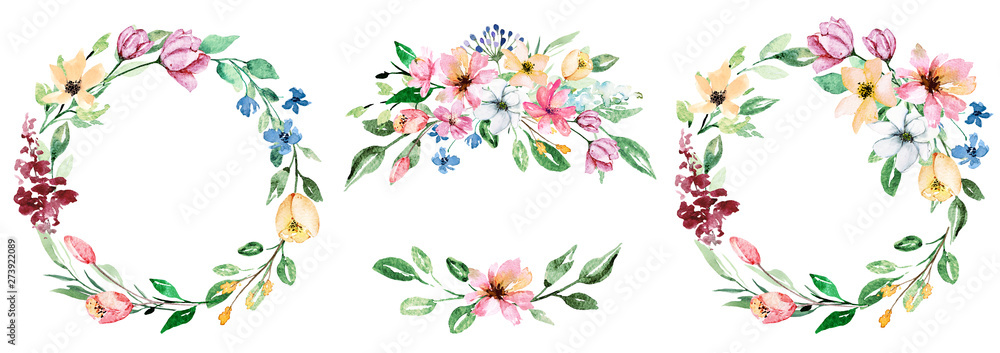 Watercolor flowers, floral meadow frames set. Wreaths perfectly for ...