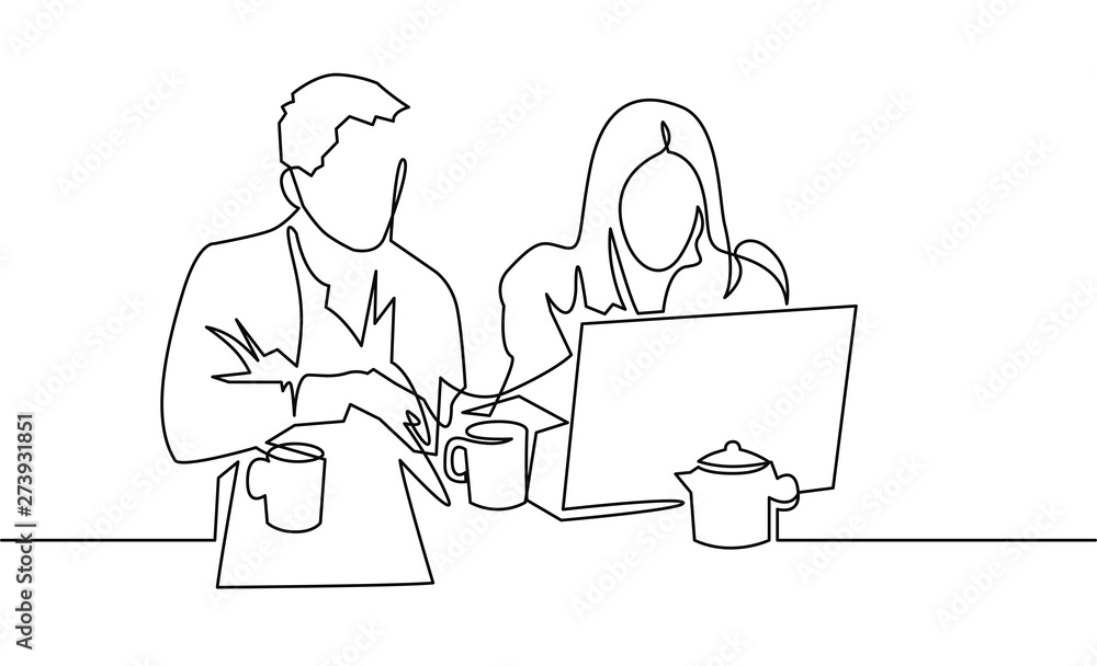 Two people working continuous one line vector drawing. Students ...