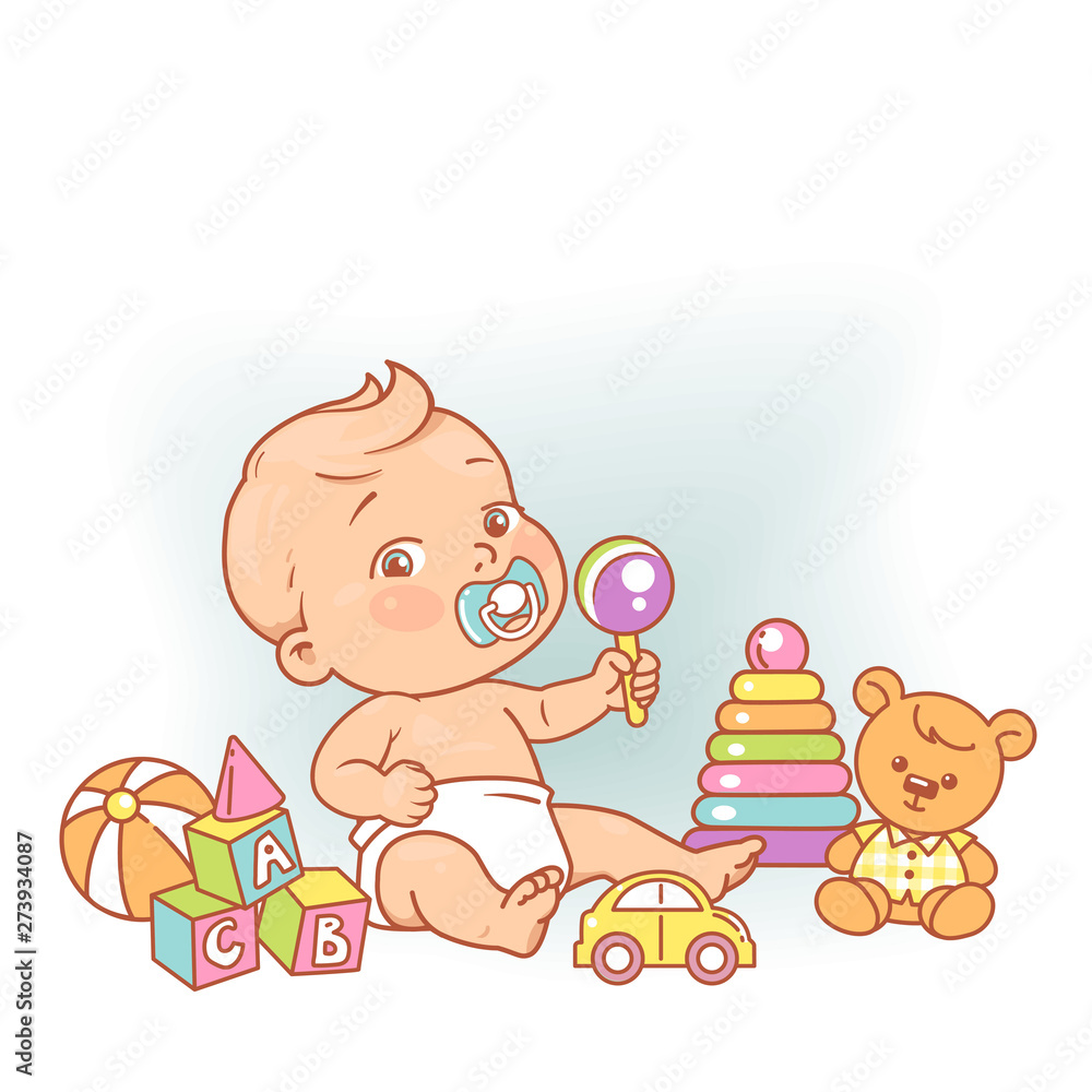 Little baby boy in diaper sitting playing with toys. Stock Vector ...
