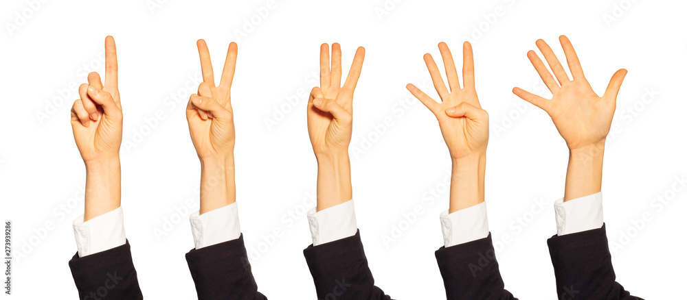 Female counting hands with number gestures on white Stock Photo | Adobe ...