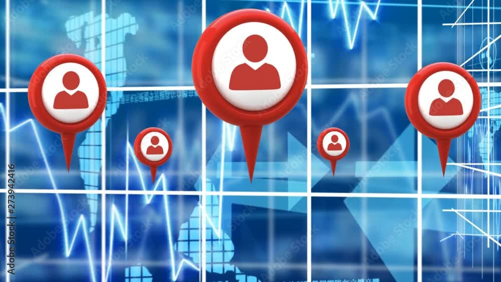Profile icons in a map pins and a world map with graphs and arrows ...