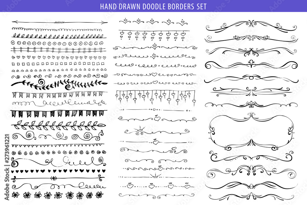 Hand drawn line, border, frame vector doodle design element set ...