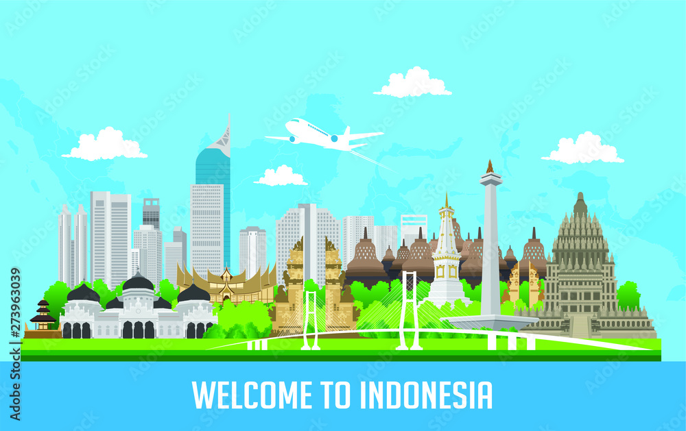 Vector color Flat design, Illustration of Indonesia Icons and landmarks ...