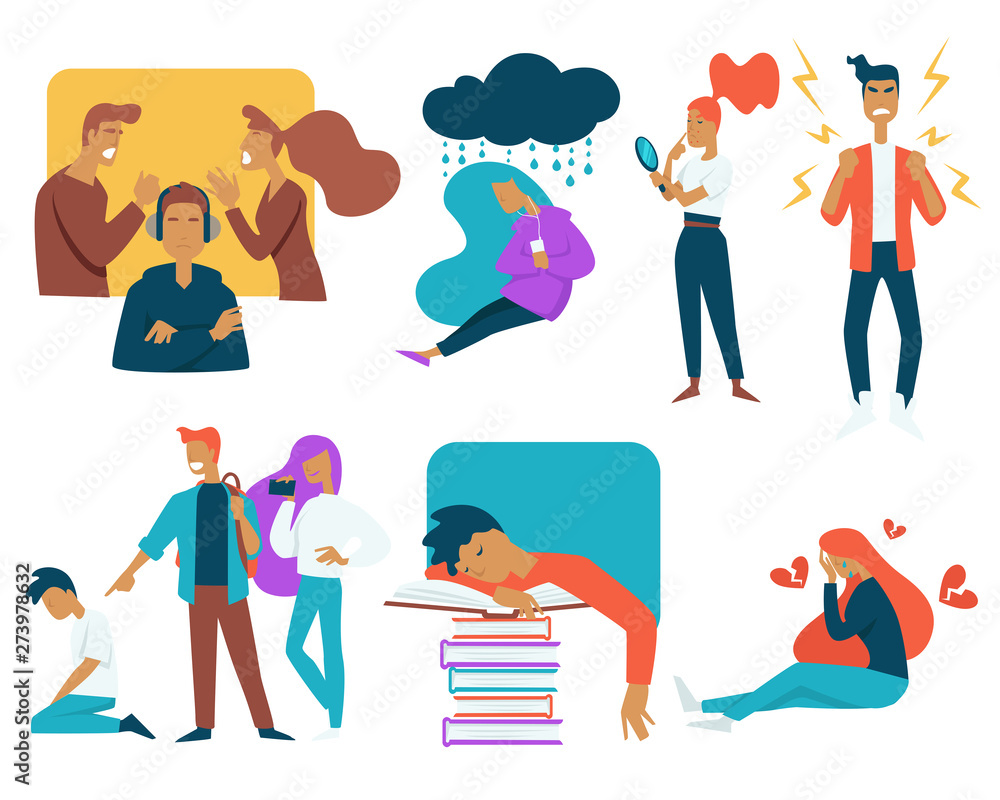 Teenager stress and growing up strugles isolated characters Stock ...