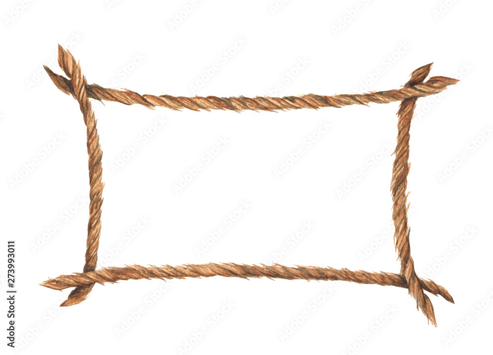 Watercolor painting of Brown rope frame. Isolated on white background ...