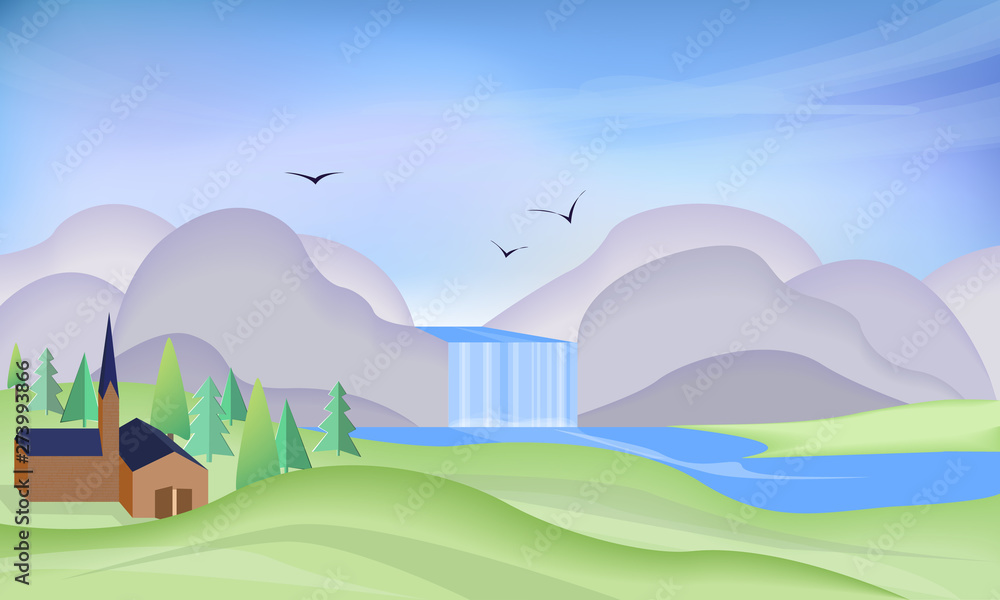 Country landscape. Freehand drawn cartoon outdoors style. Farm houses ...