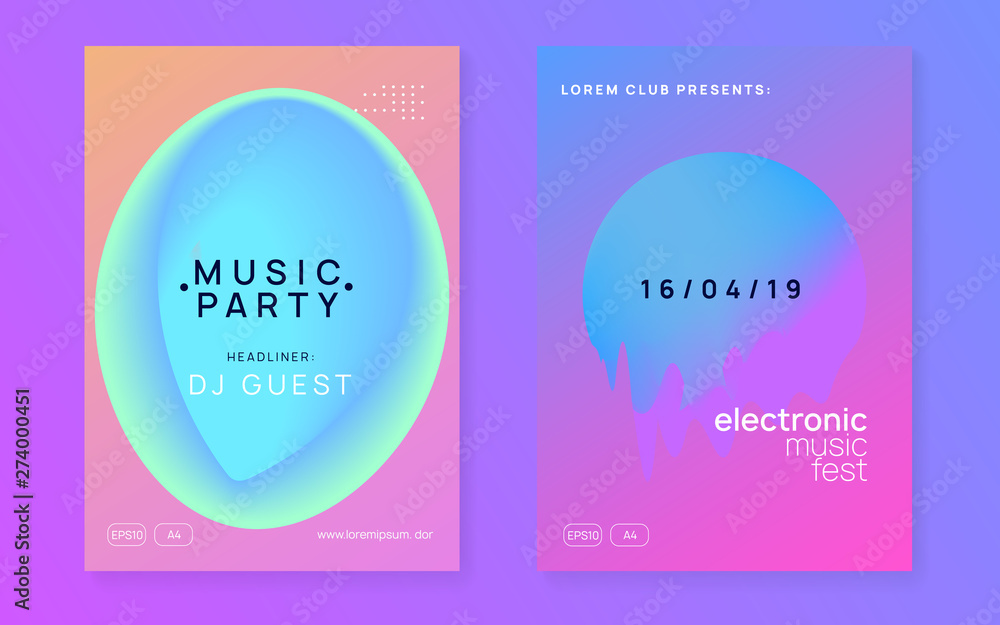 Music flyer set. Fluid holographic gradient shape and line. Minimal ...