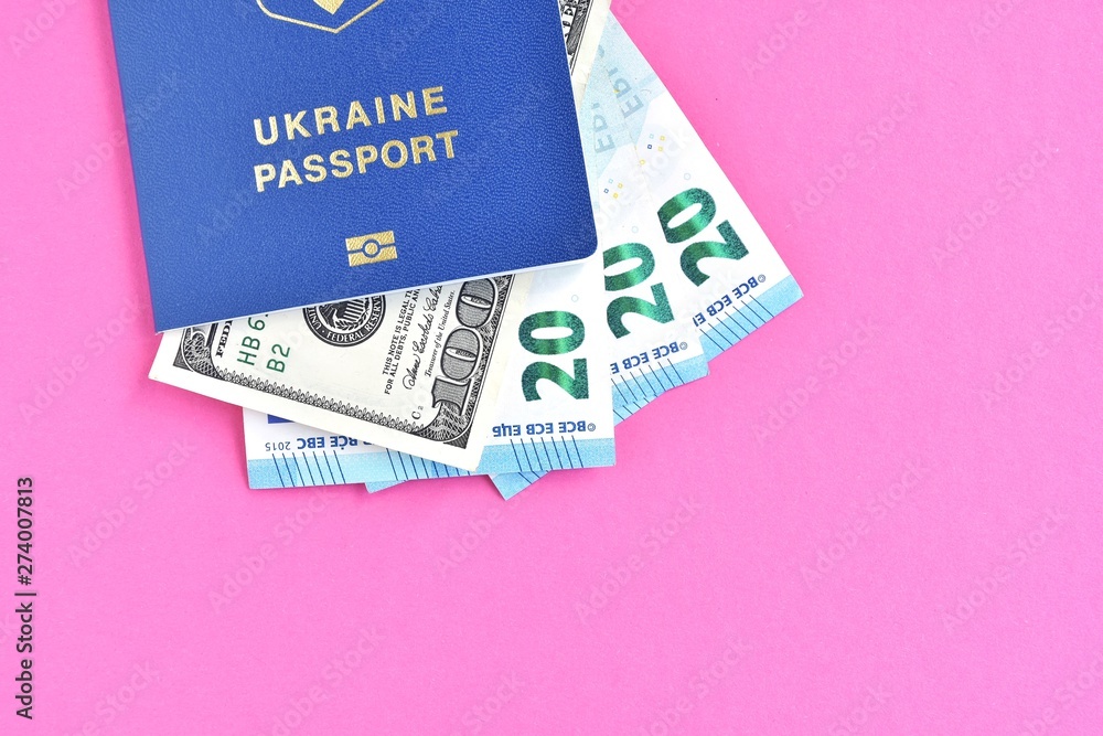 Biomedical Ukraine Id Passport With Dollars And Euro Cash On Pink
