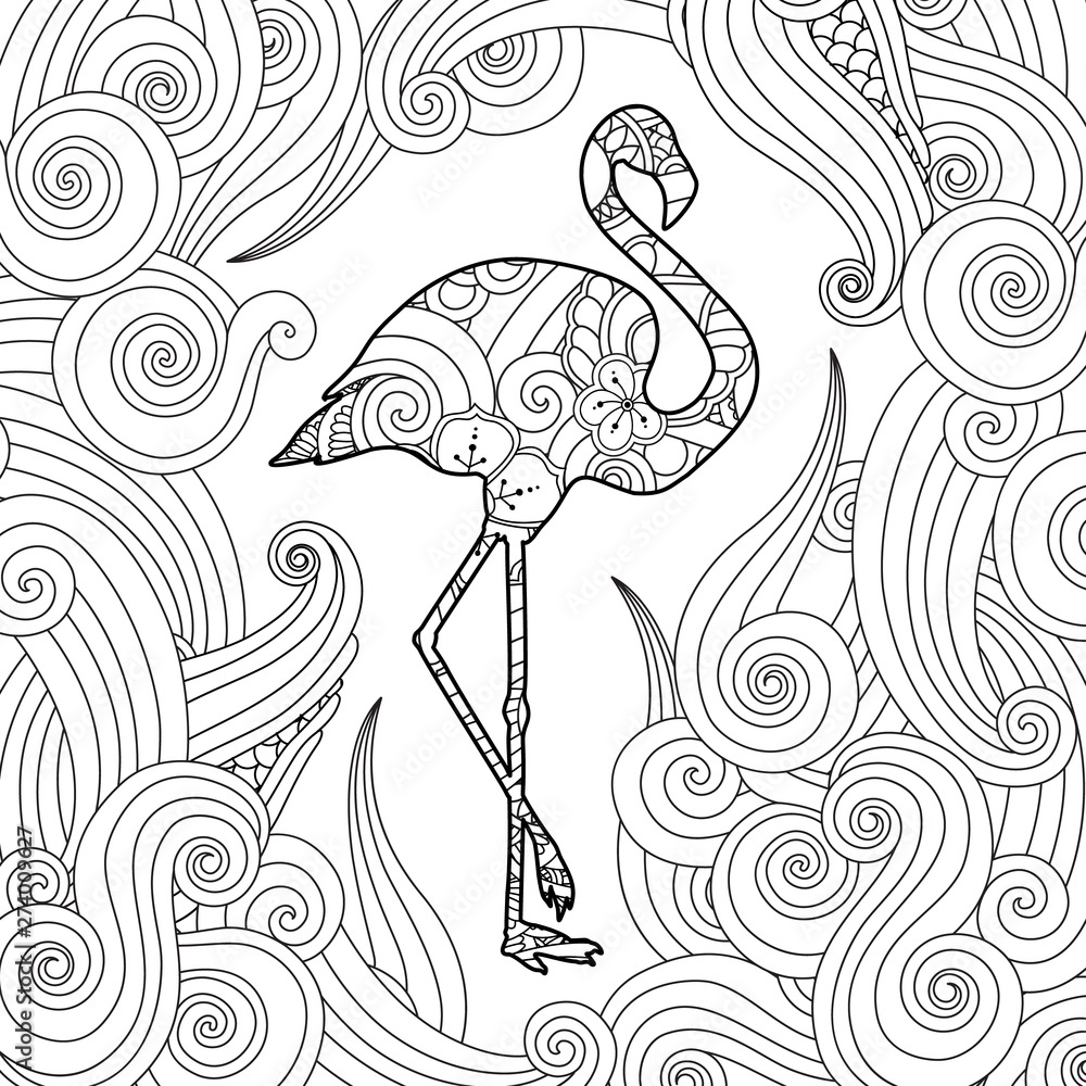 Coloring page with doodle style flamingo in zentangle inspired style ...