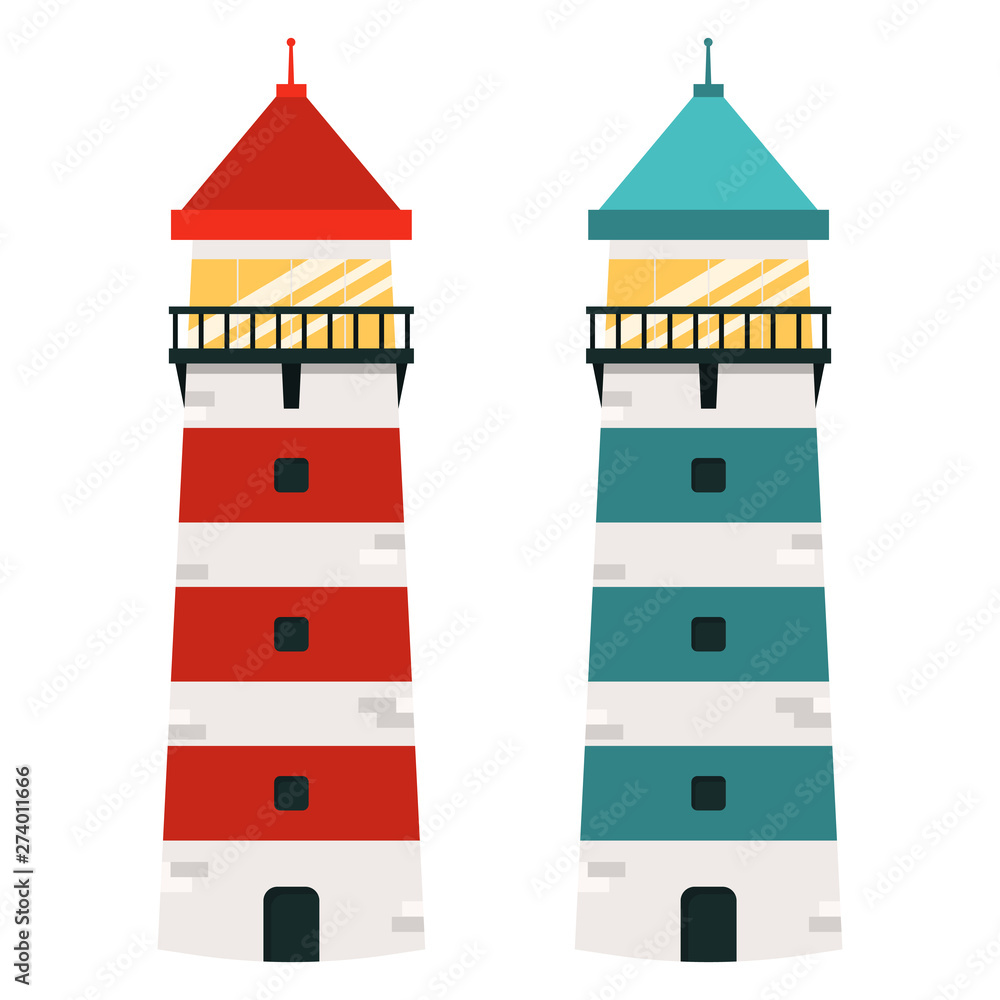 Set of lighthouses red and blue color. Isolated on white background ...