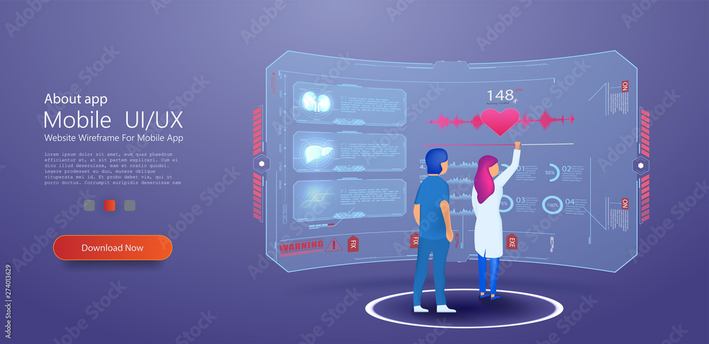 Man, the girl, the doctor looking at the dashboard, futuristic ...