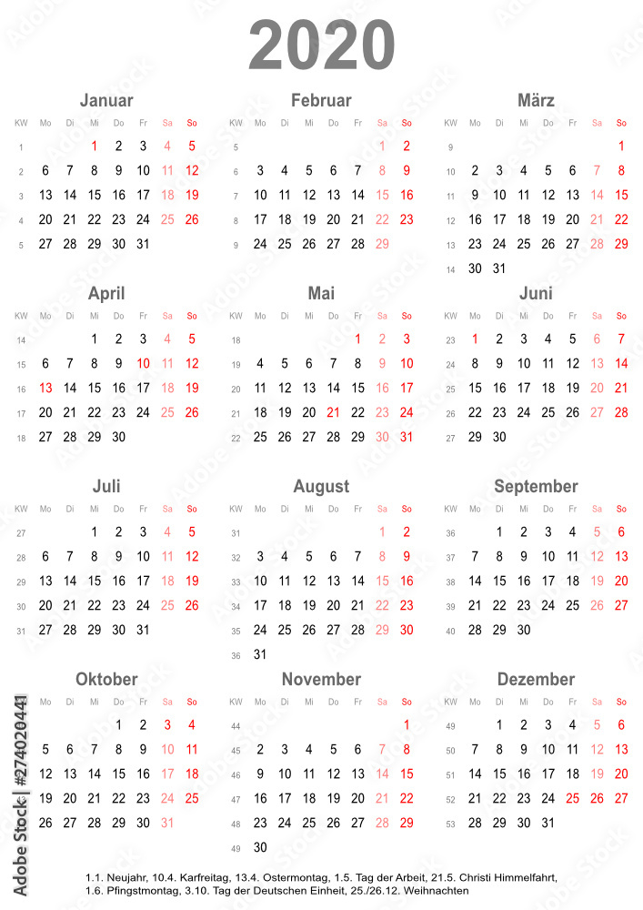 Einfacher Kalender 2020 mit gesetzlichen Feiertagen für Deutschland ...
