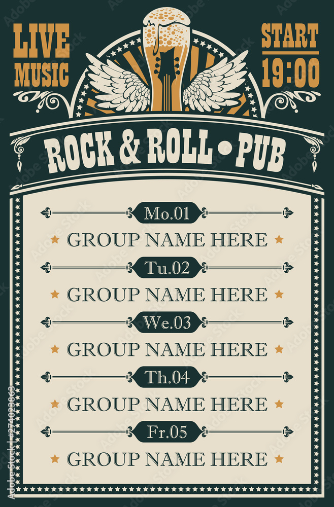 Vector poster for music rock and roll pub with live music with beer ...